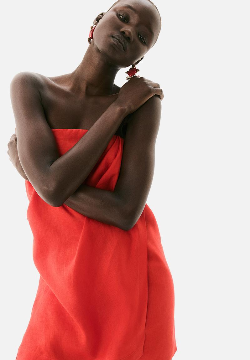 Linen bandeau dress - bright red - 1294762002
