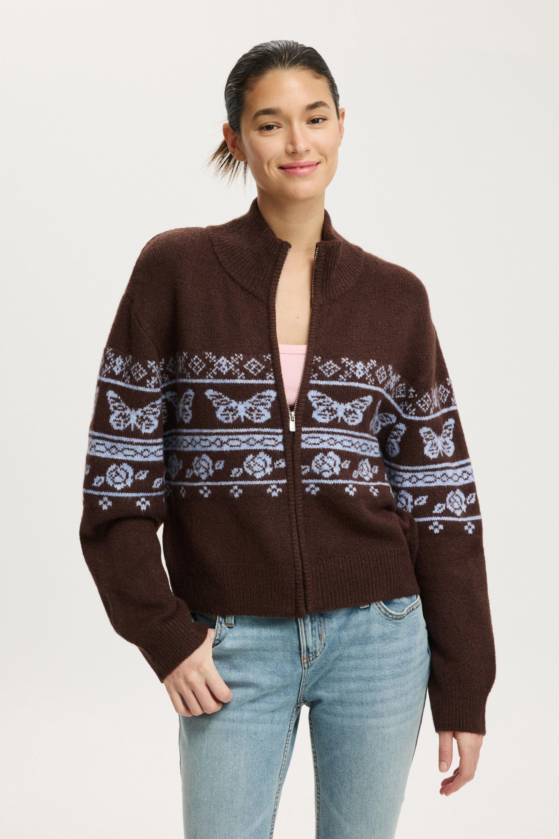 Intarsia knit bomber - butterfly graphic