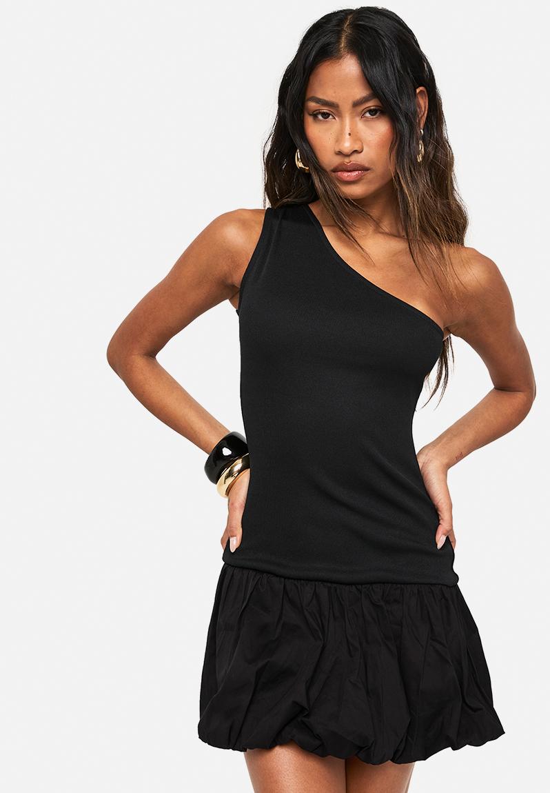 Jersey rib cotton mix one shoulder puffball mini dress -black