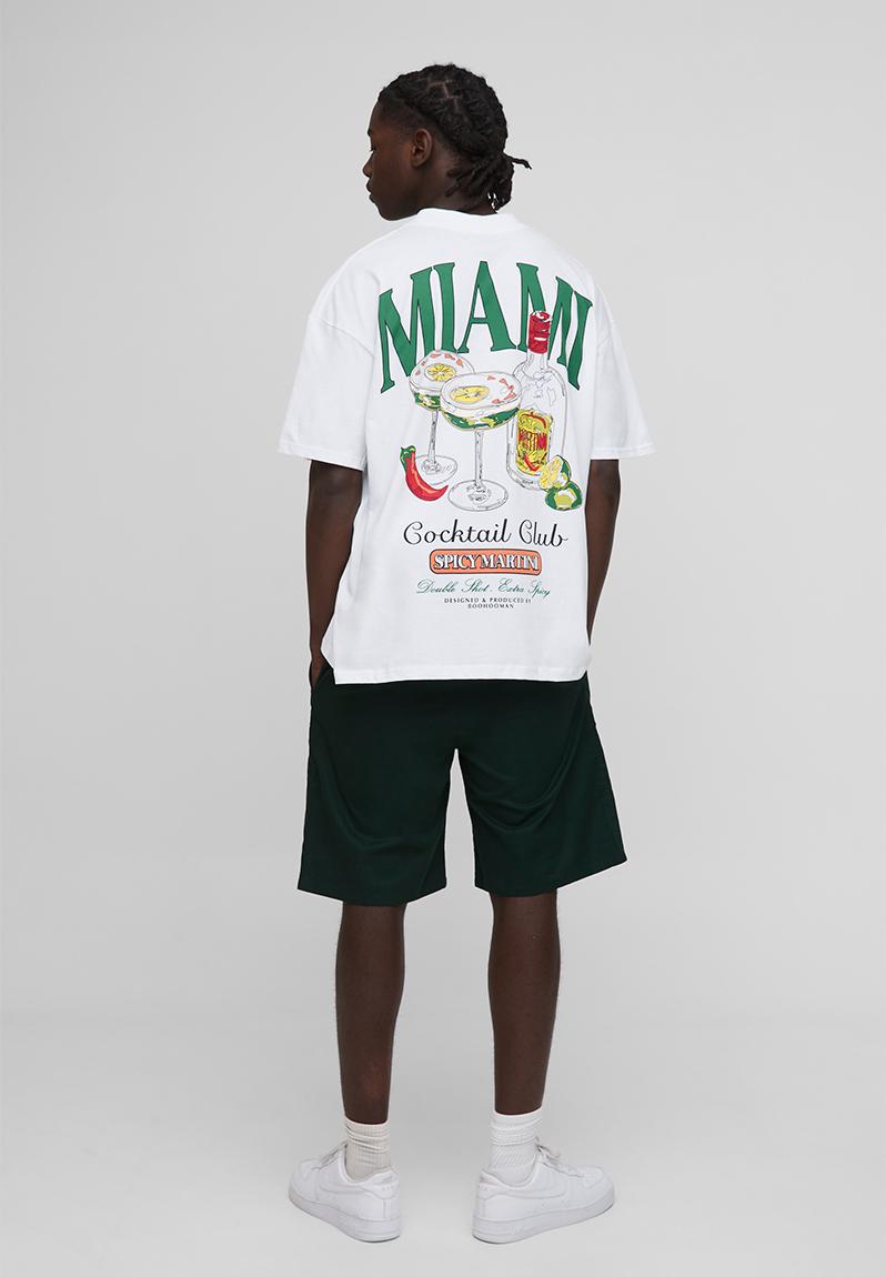 Oversized Extended Neck Miami Cocktail Club Printed T-Shirt - white