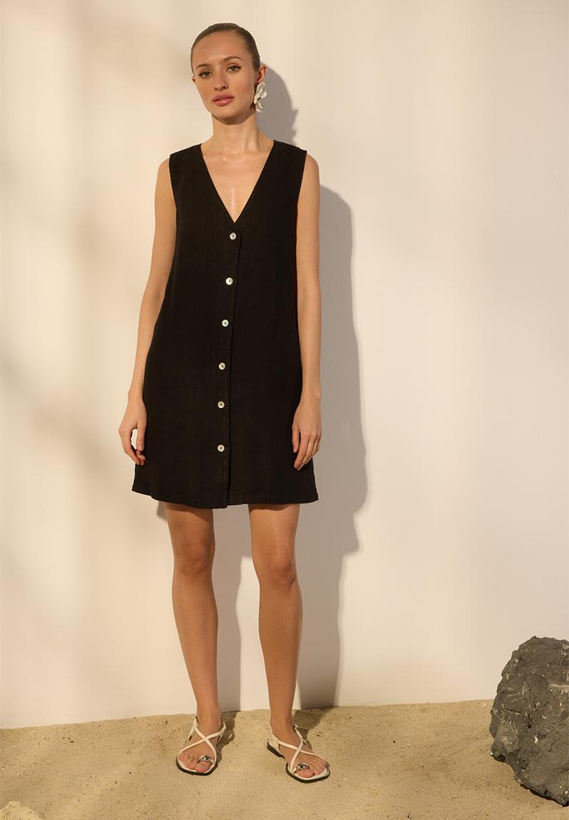 Mini Aline Buttoned Woven Dress - Black