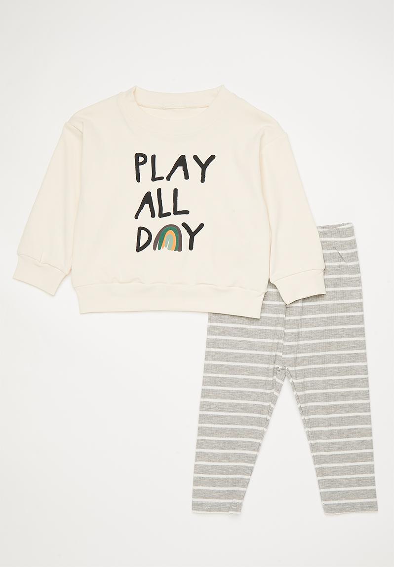 Slogan sweat top and tights set - cream/stripe/play all day