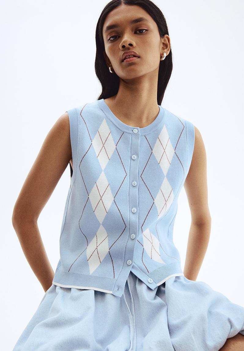 Fine-knit waistcoat - light blue/argyle pattern - 1304359001