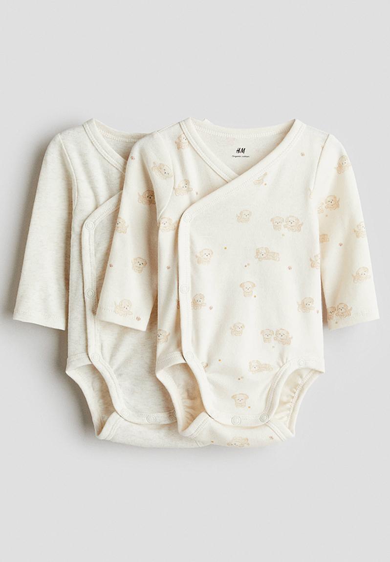 2-Pack cotton wrapover bodysuits - light beige marl/dogs - 1265646006