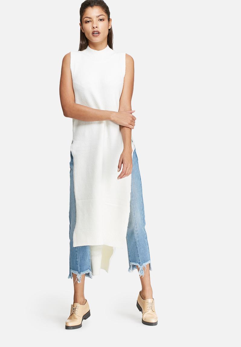 Hi neck longline knit top - cream