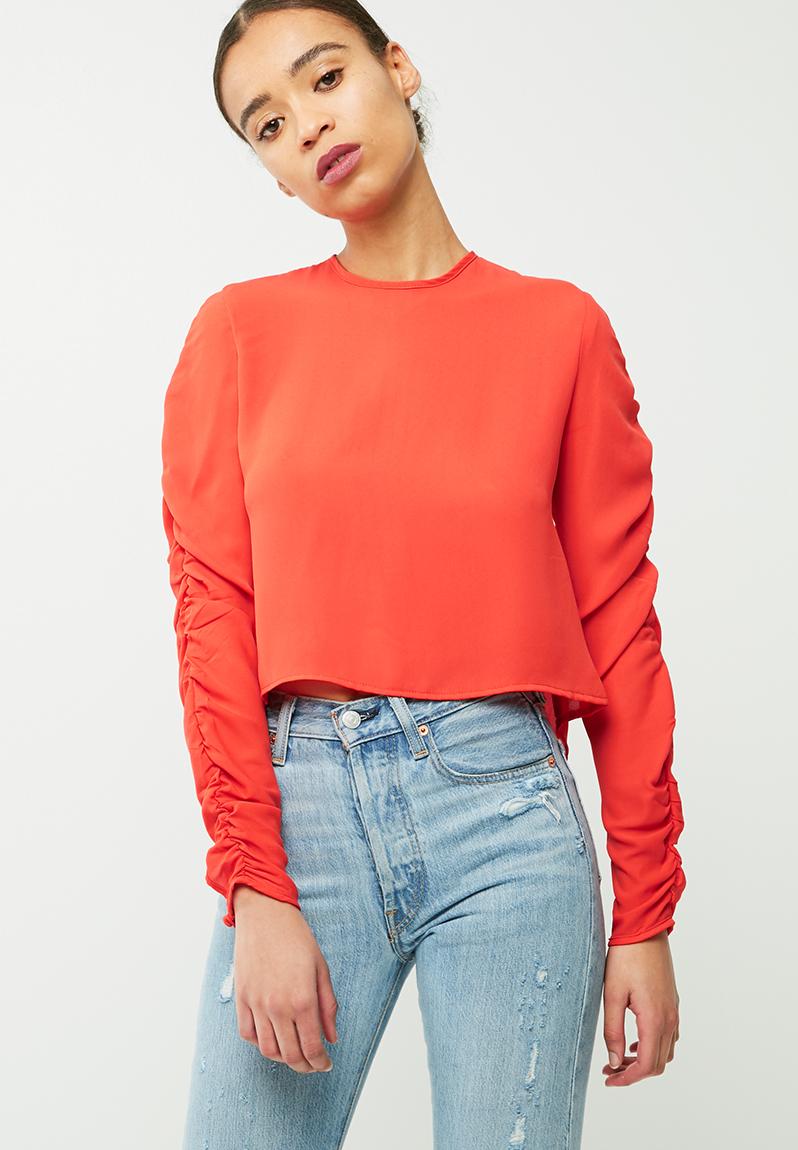 Ruched sleeve blouse - coral