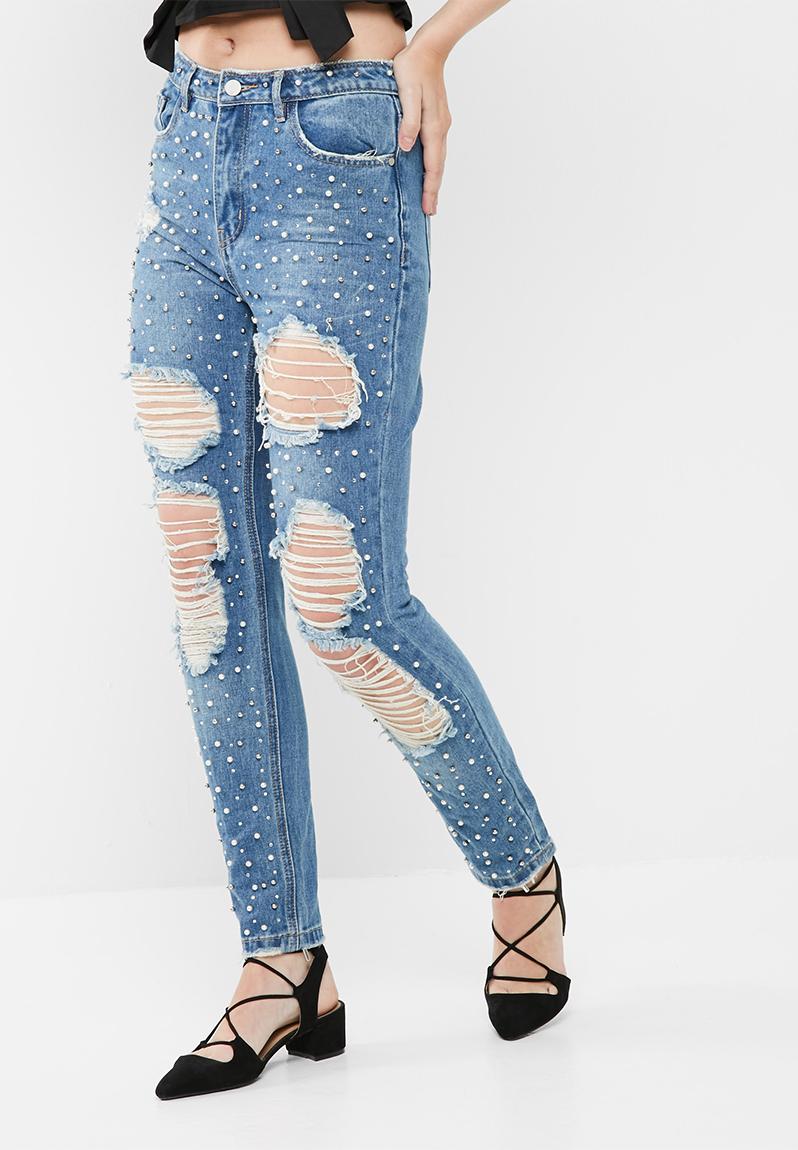 Riot high rise premium embellished mom jean - blue