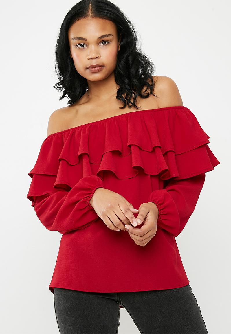 Frilled off the shoulder blouse - red