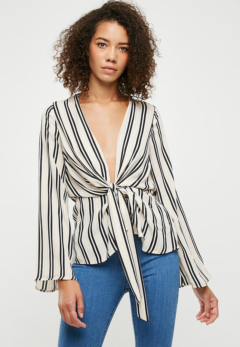 Stripe drape front plunge blouse - Neutral