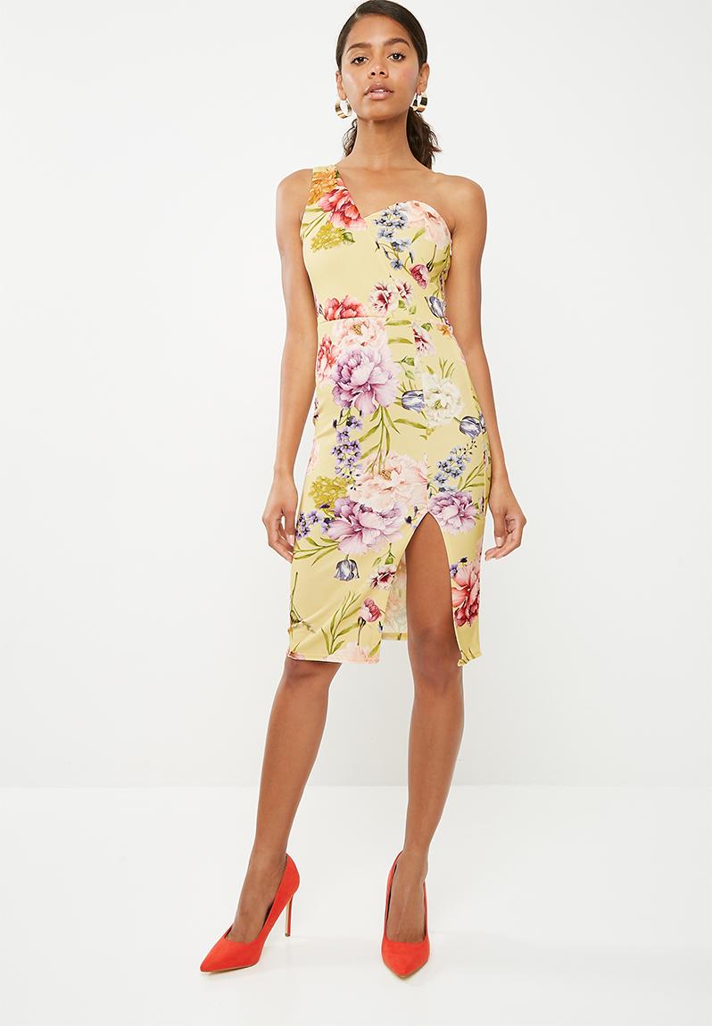 One Shoulder Bodycon Midi Dress Yellow Floral Missguided Occasion