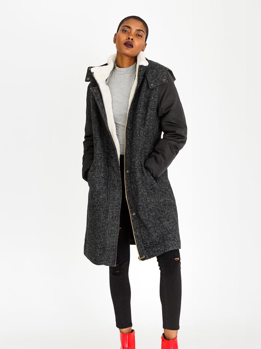 All-weather Coat with Contrast Sleeves Black and Grey