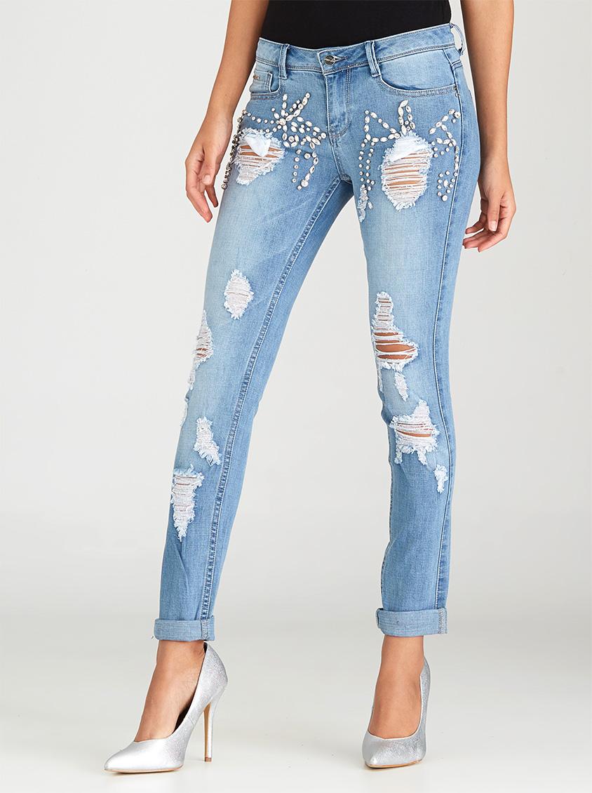 Topaz Ripped Embellished Skinny Jeans Mid Blue