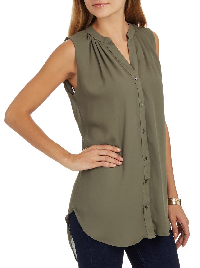 Sleeveless Button Down Blouse Khaki Green Edit Blouses