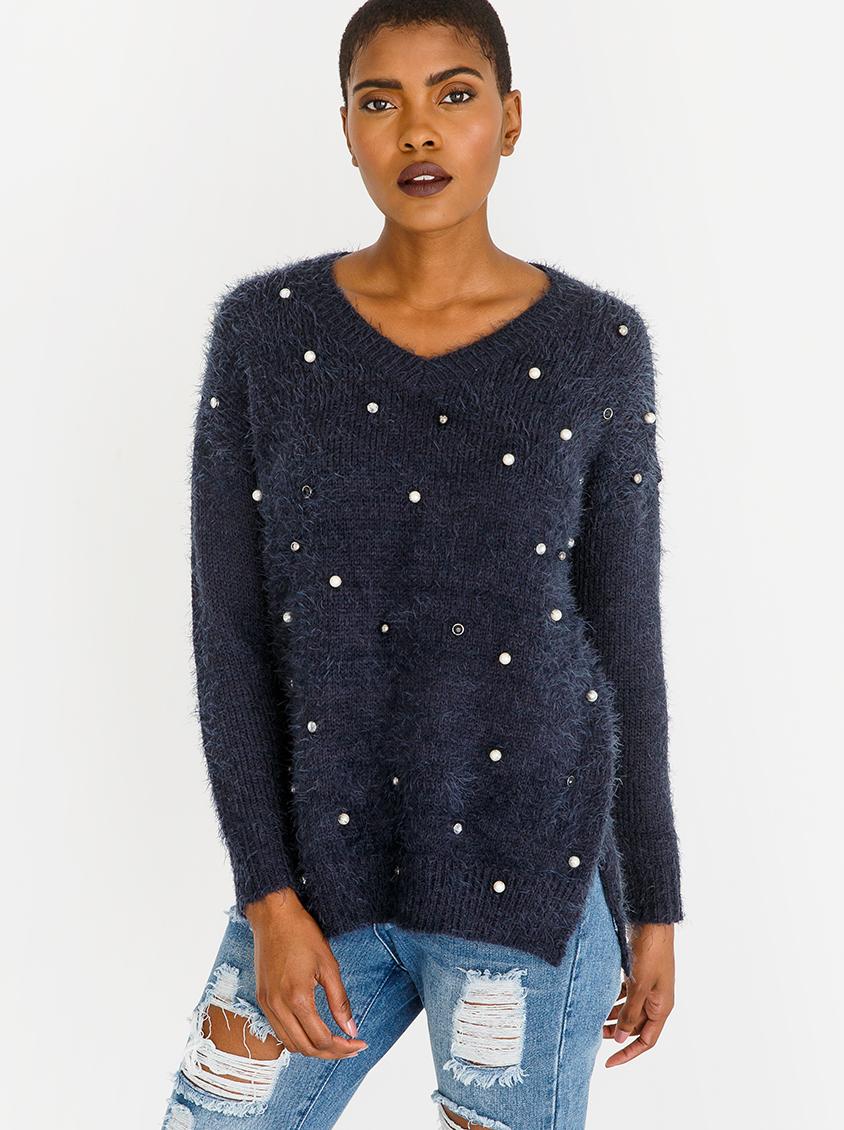 Pearl Trim Fluffy Jersey Navy