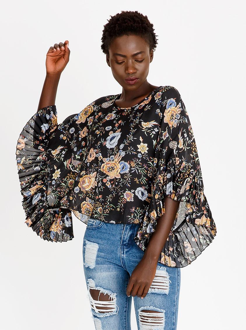 Floral Pleated Batwing Blouse Black